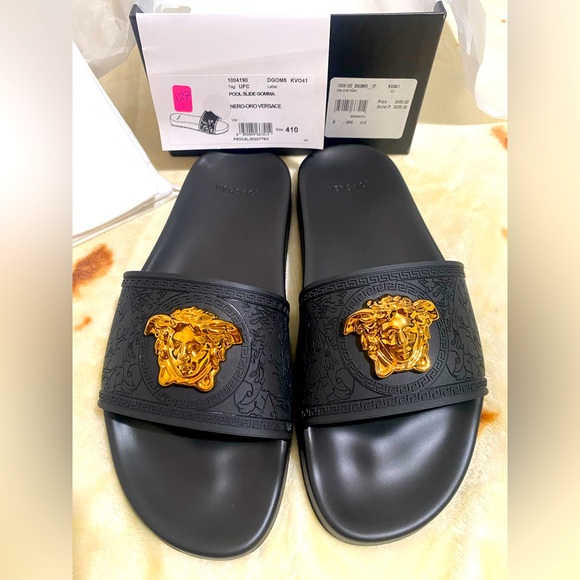 Versace | Shoes | Brand New Versace Slides In Black With Gold Medusa ...